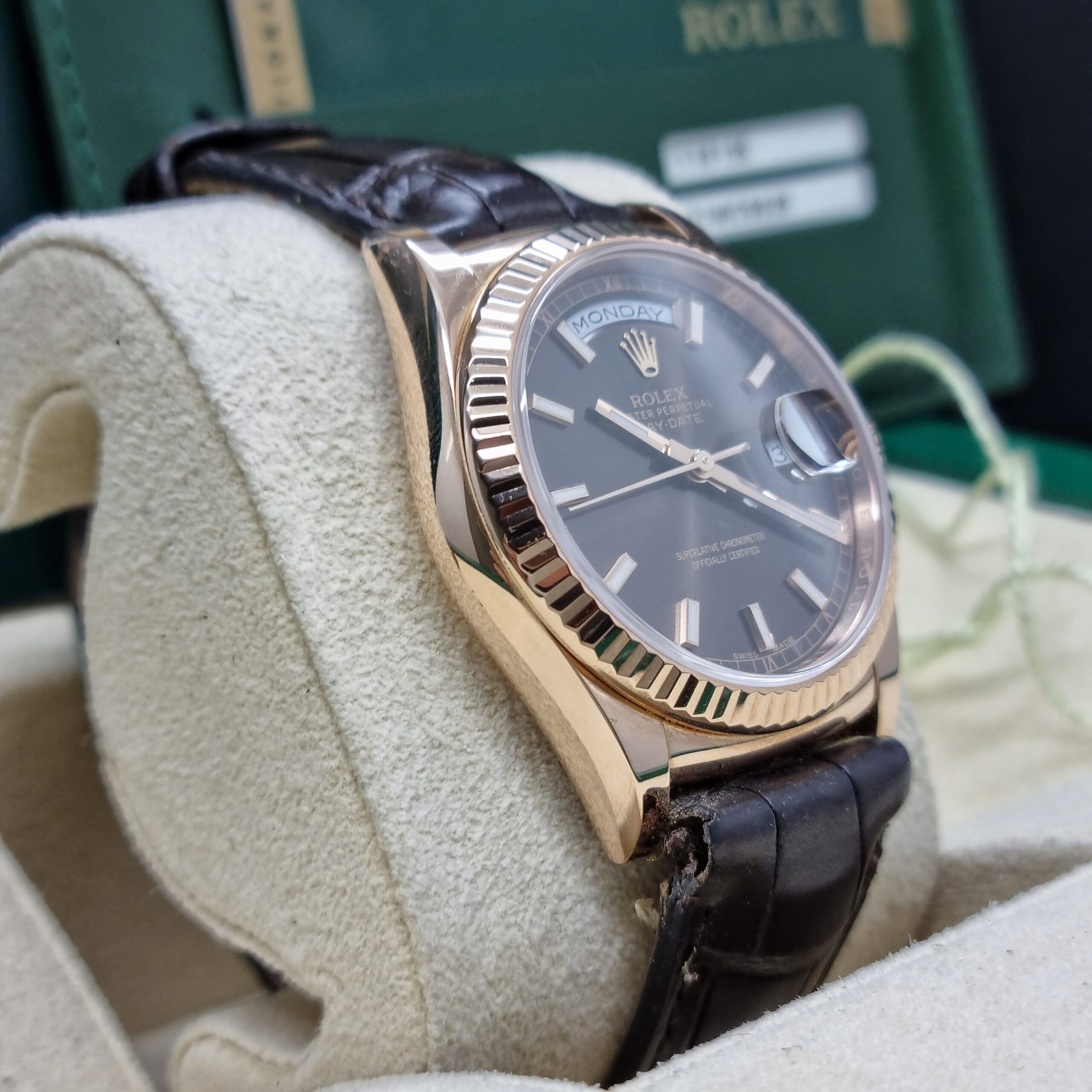 Rolex Oyster Perpetual Day Date Choco Dial Everose Gold – Dchronograph ...